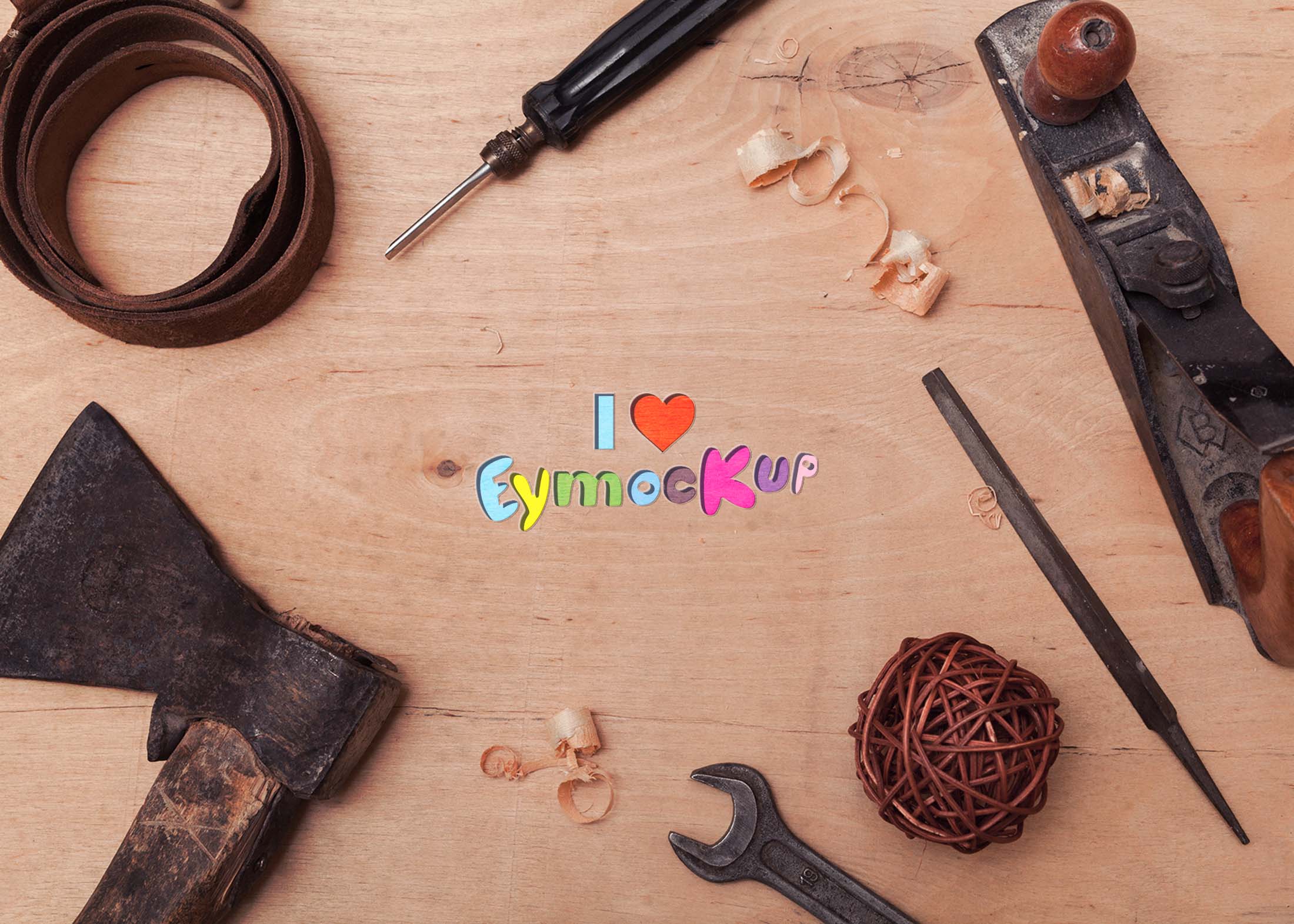 Free Wood Tools Desk Logo Mockup