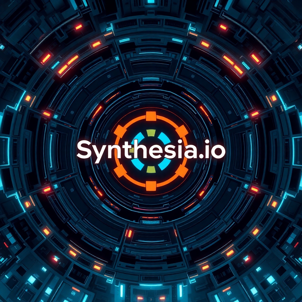 Futuristic sci-fi style, overhead bird’s eye view, Synthesia.io logo, top-down perspective ...